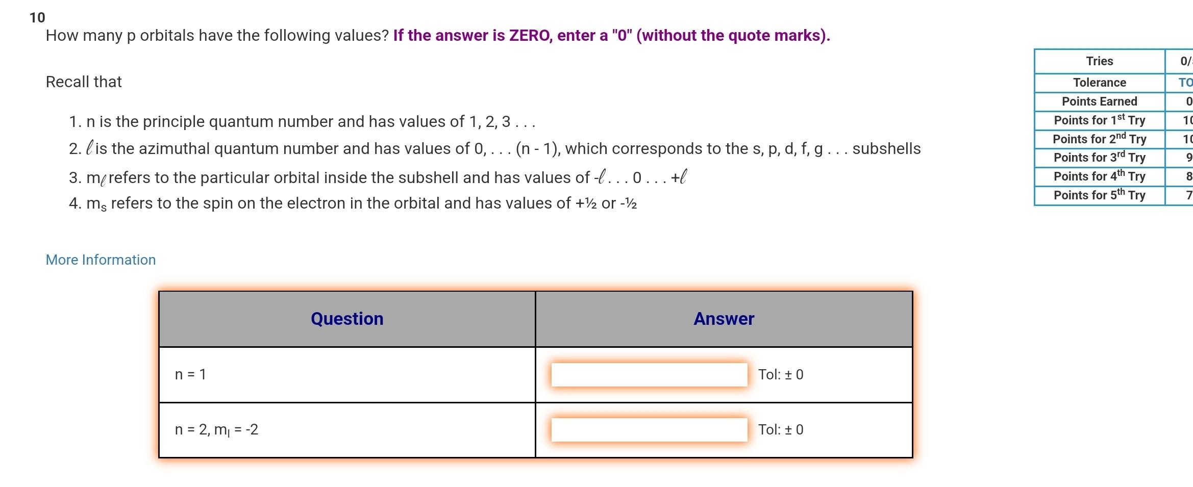 Solved 10 How many p orbitals have the following values? If | Chegg.com
