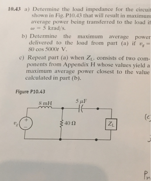 Solved 10.43 a) Determine the load impedance for the circuit | Chegg.com