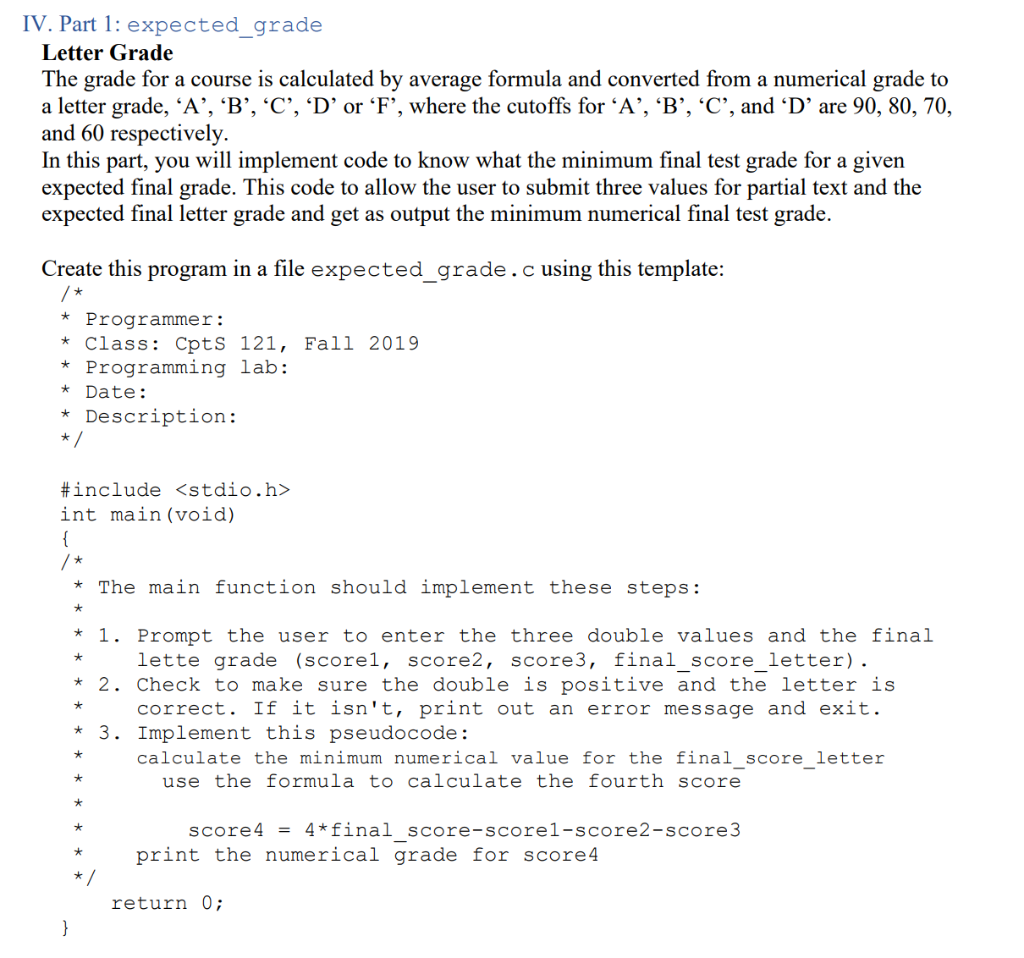 Solved IV. Part 1: expected_grade Letter Grade The grade for | Chegg.com