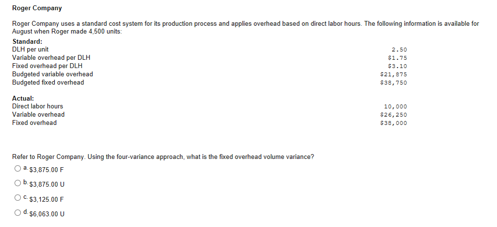 Solved Roger Company Roger Company uses a standard cost | Chegg.com