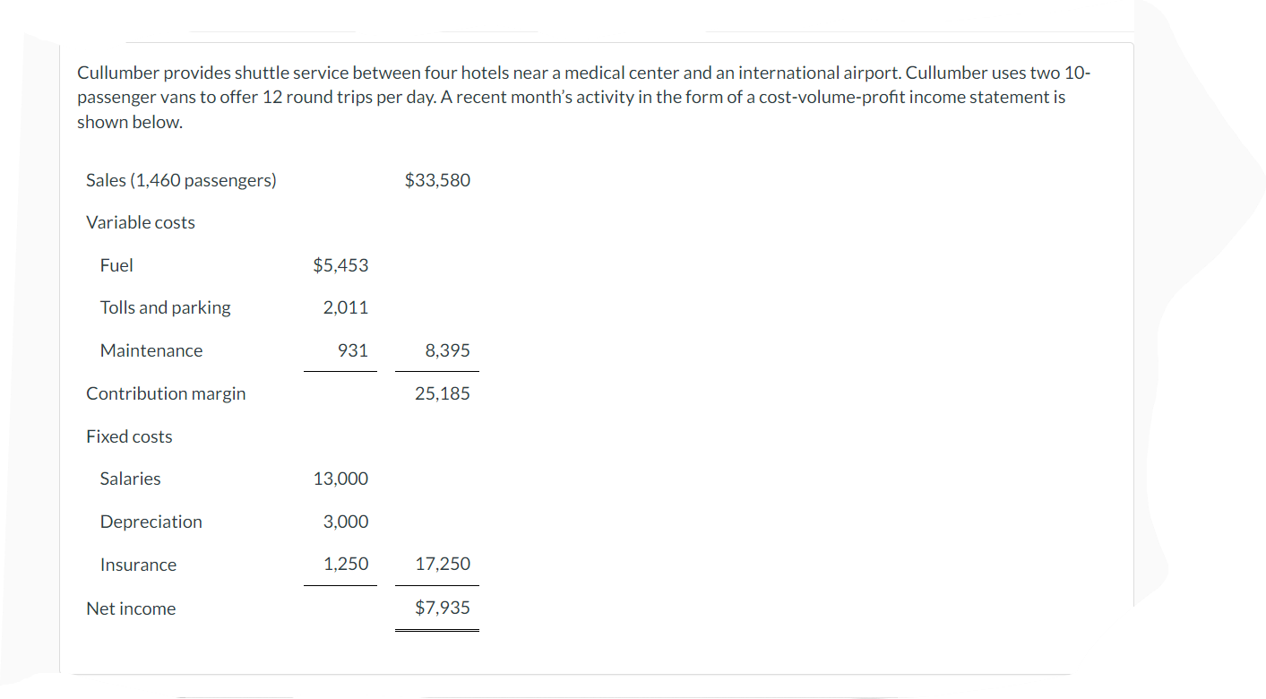 Solved Cullumber provides shuttle service between four | Chegg.com
