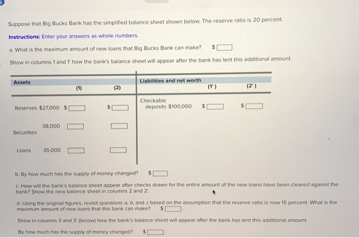 Solved Suppose that Big Bucks Bank has the simplified | Chegg.com