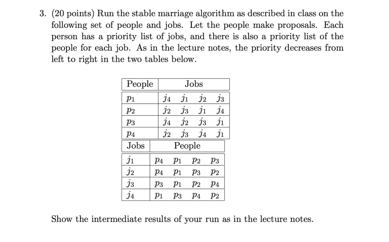 Solved (20 ﻿points) ﻿Run the stable marriage algorithm as | Chegg.com