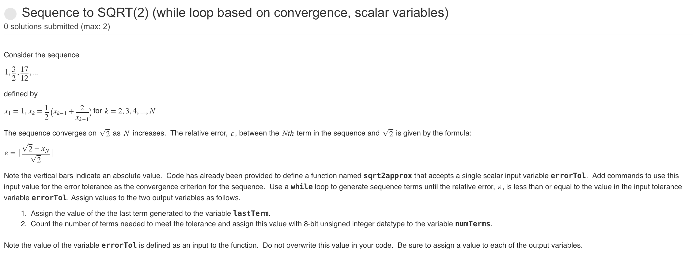 Solved Sequence To Sqrt2 While Loop Based On Convergence 