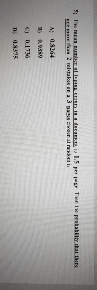 Solved 5) The mean number of typing errors in a document is | Chegg.com