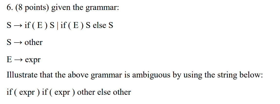 Solved 6. (8 points) given the grammar: S if (E) Sif(E) S | Chegg.com