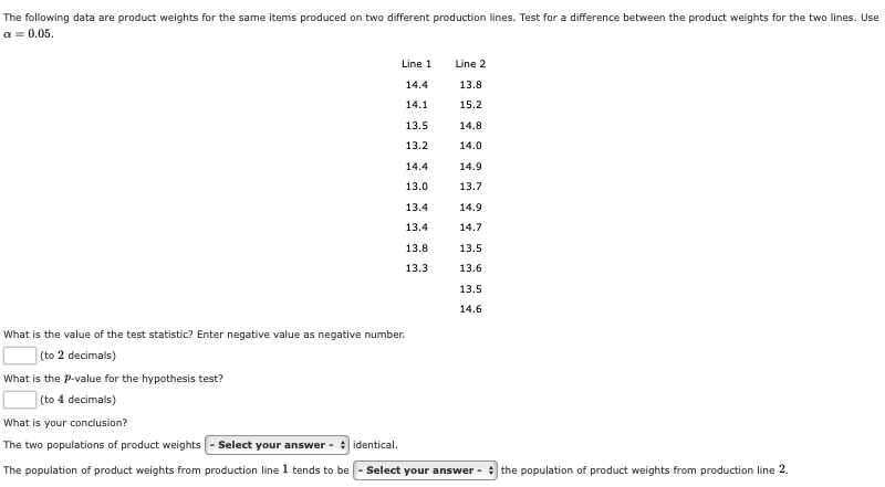 Solved The following data are product weights for the same | Chegg.com
