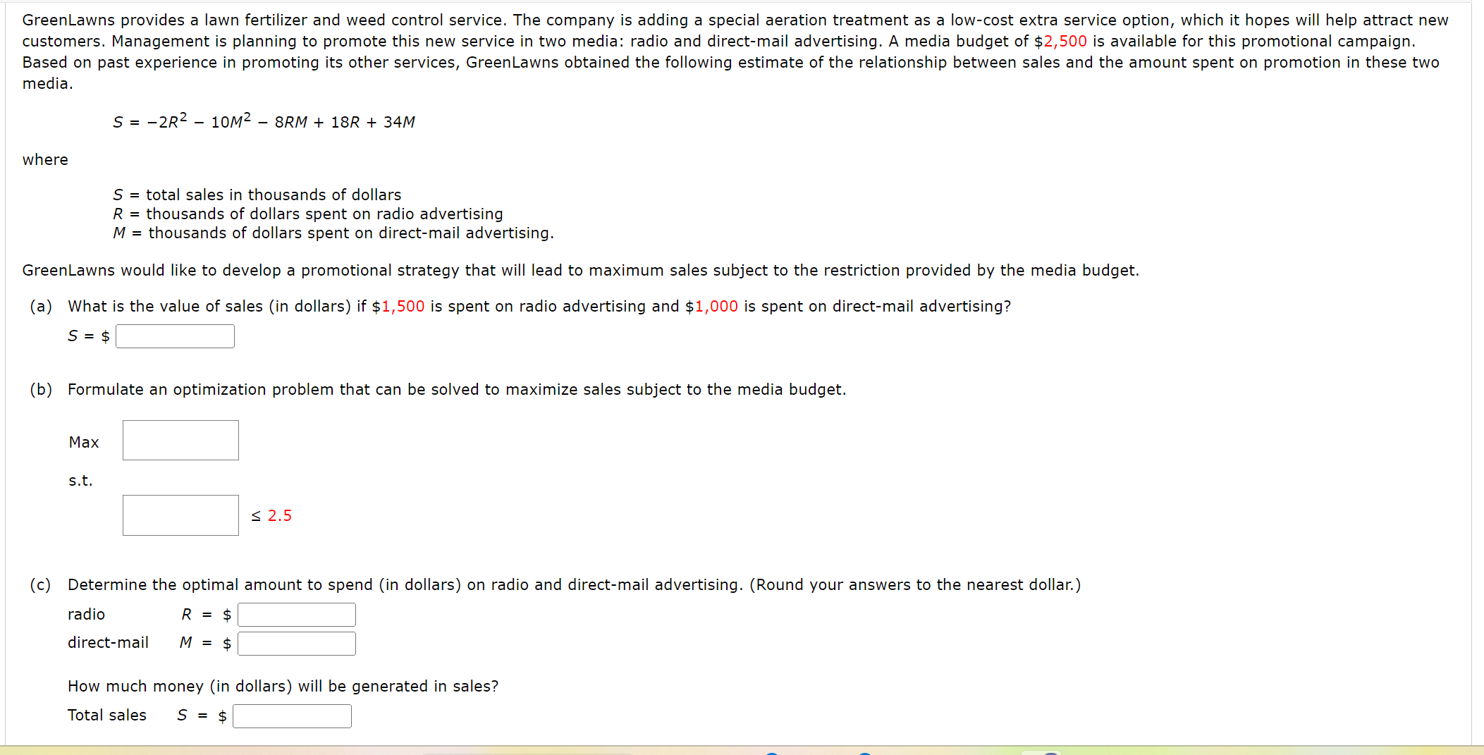 Solved media.S=-2R2-10M2-8RM+18R+34MwhereS= ﻿total sales in | Chegg.com