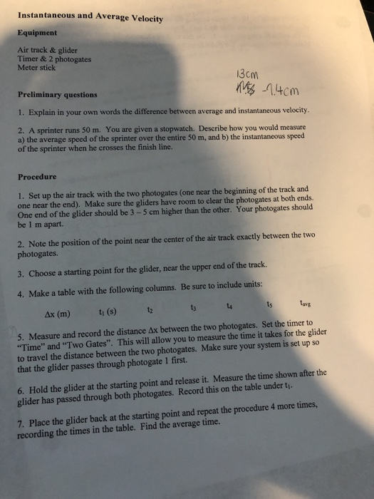 Solved Instantaneous and Average Velocity Equipment Air | Chegg.com