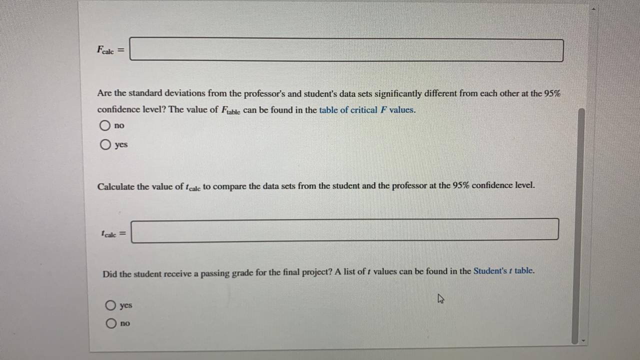 Fcalc = Are the standard deviations from the | Chegg.com