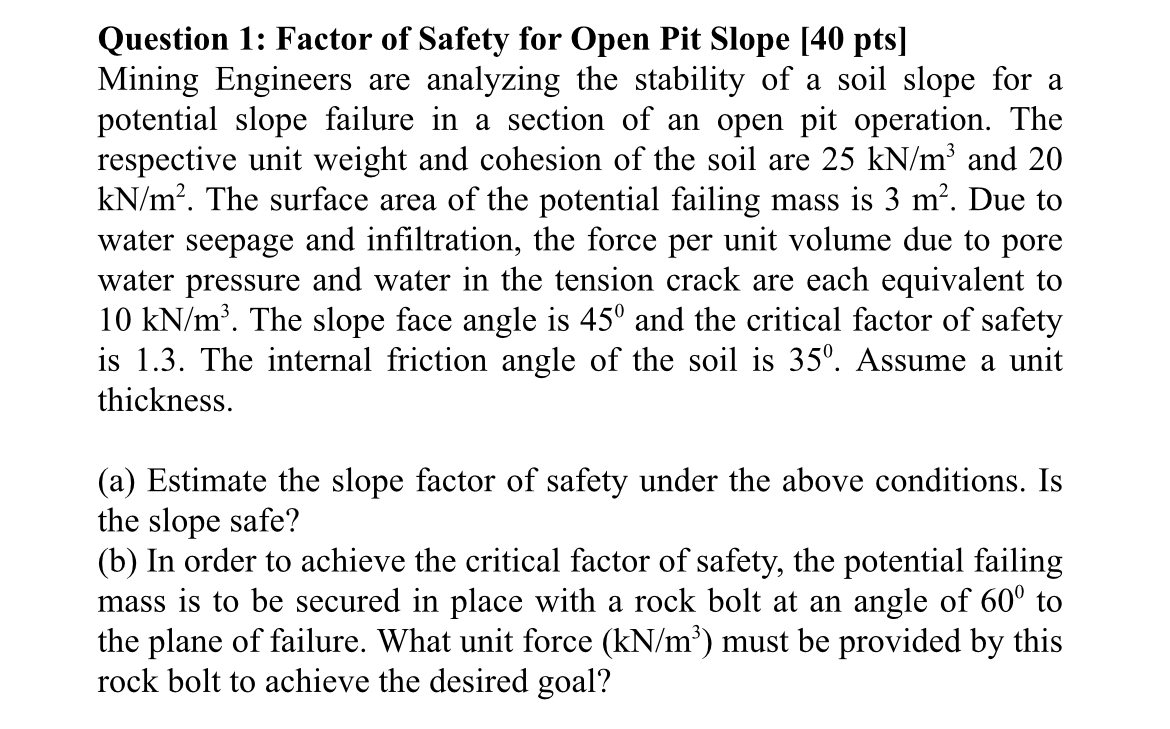 Solved Question 1: Factor of Safety for Open Pit Slope [40 | Chegg.com