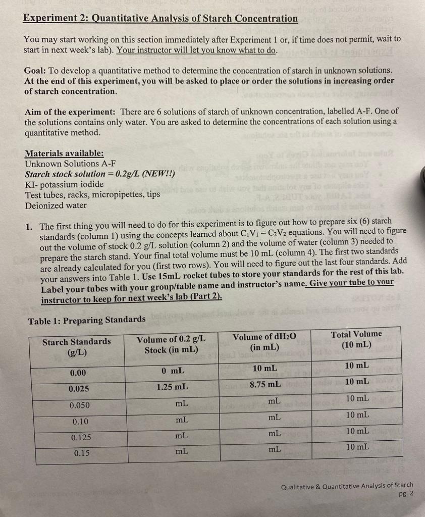 Solved Experiment 2: Quantitative Analysis of Starch | Chegg.com