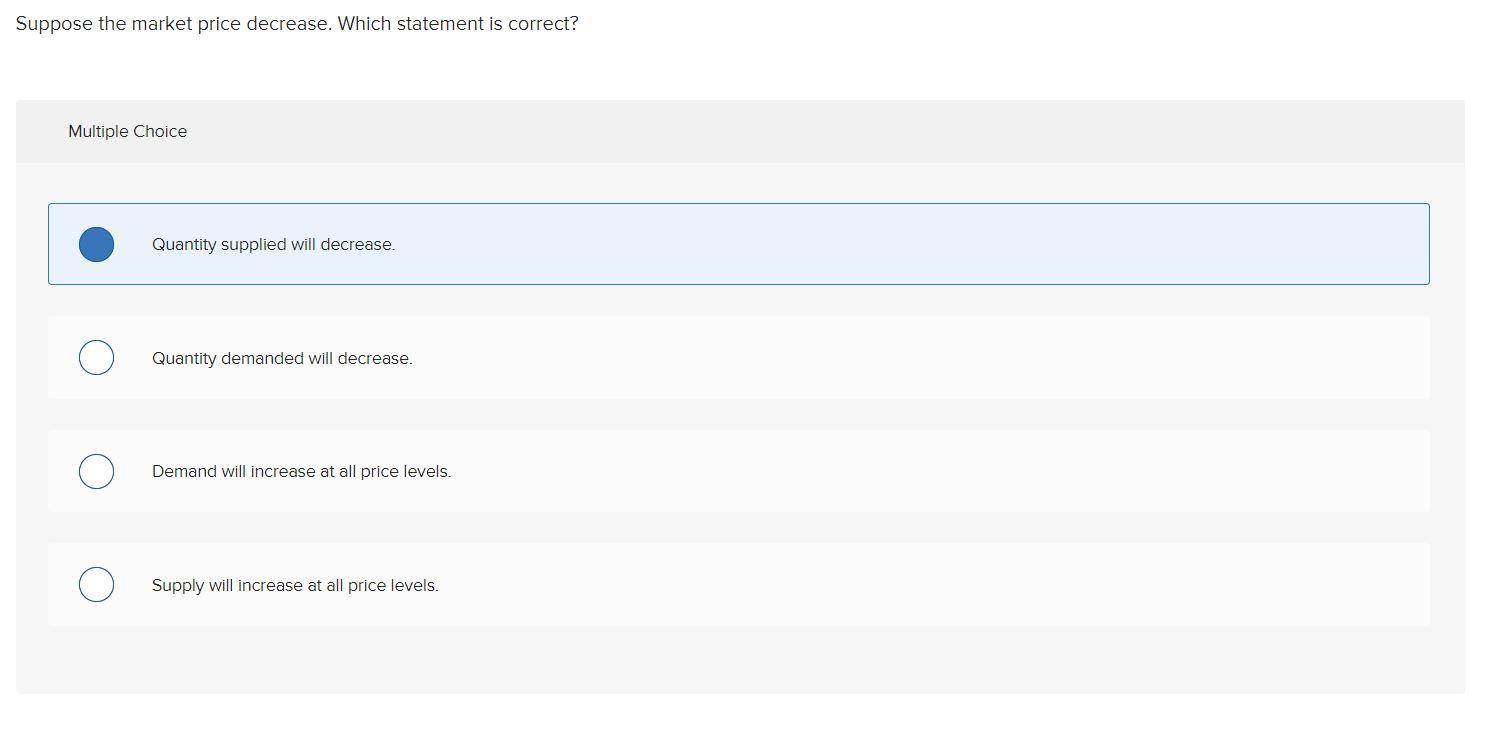 Solved Suppose the market price decrease. Which statement is | Chegg.com