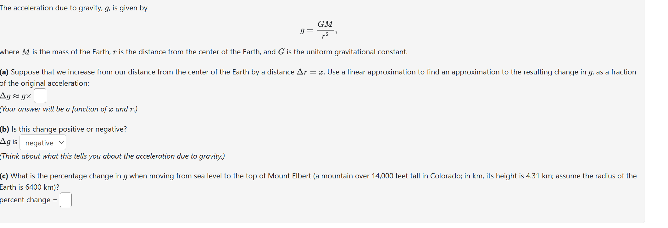 Solved The acceleration due to gravity, g, is given by | Chegg.com