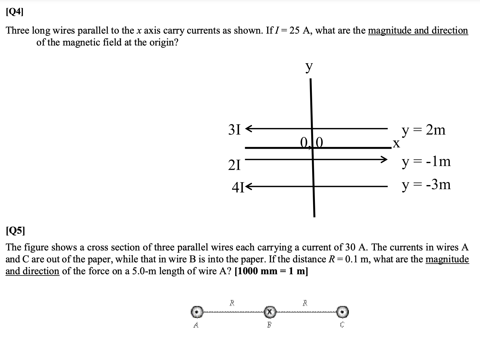 Solved Three long wires parallel to the x axis carry | Chegg.com