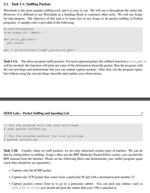 Solved **Show your code and results from sniffing (Task | Chegg.com