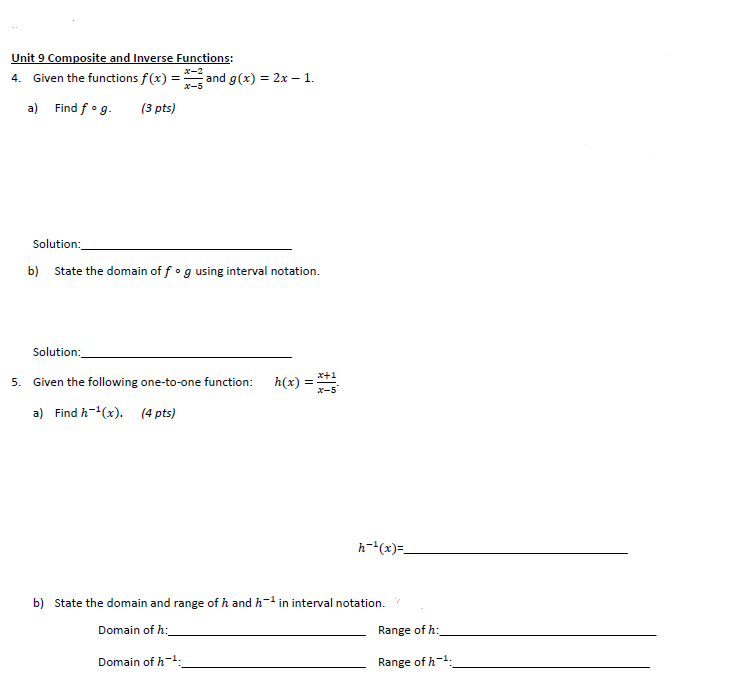 Solved Unit 9 Composite and Inverse Functions: 4. Given the | Chegg.com