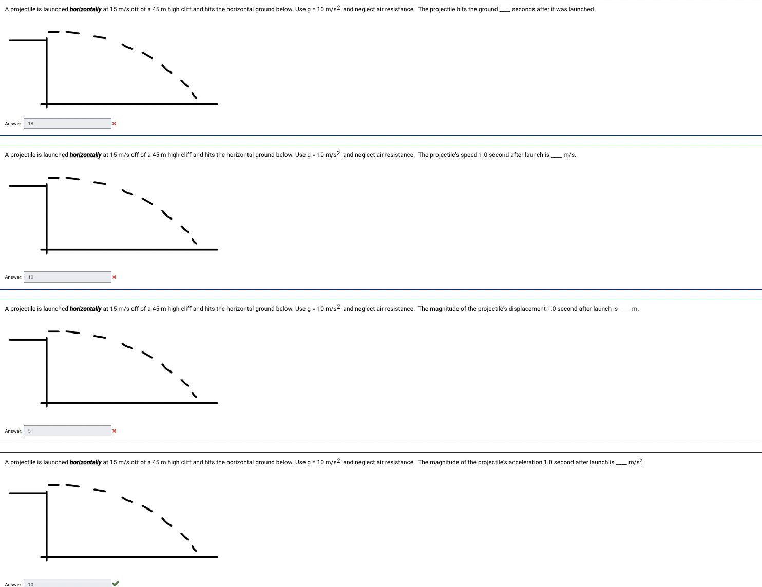 Solved A projectile is launched horizontally at 15 m/s off | Chegg.com