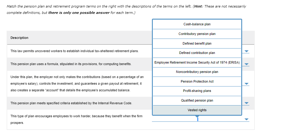 Solved Match the pension plan and retirement program terms | Chegg.com
