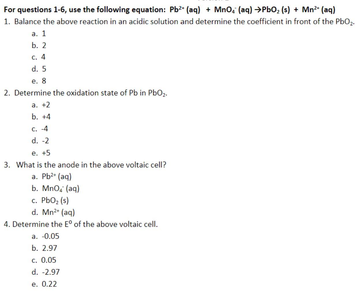 Solved For questions 1-6, use the following equation: Pb2+ | Chegg.com