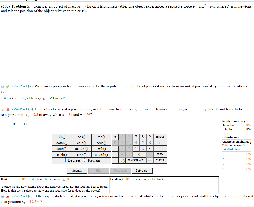 Solved (6%) Problem 5: Consider an object of mass m= 7 kg on | Chegg.com