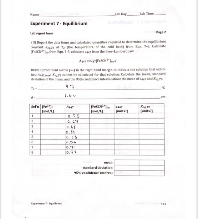 Lab Time, Lab Day Name Experiment 7 Equilibrium Page | Chegg.com
