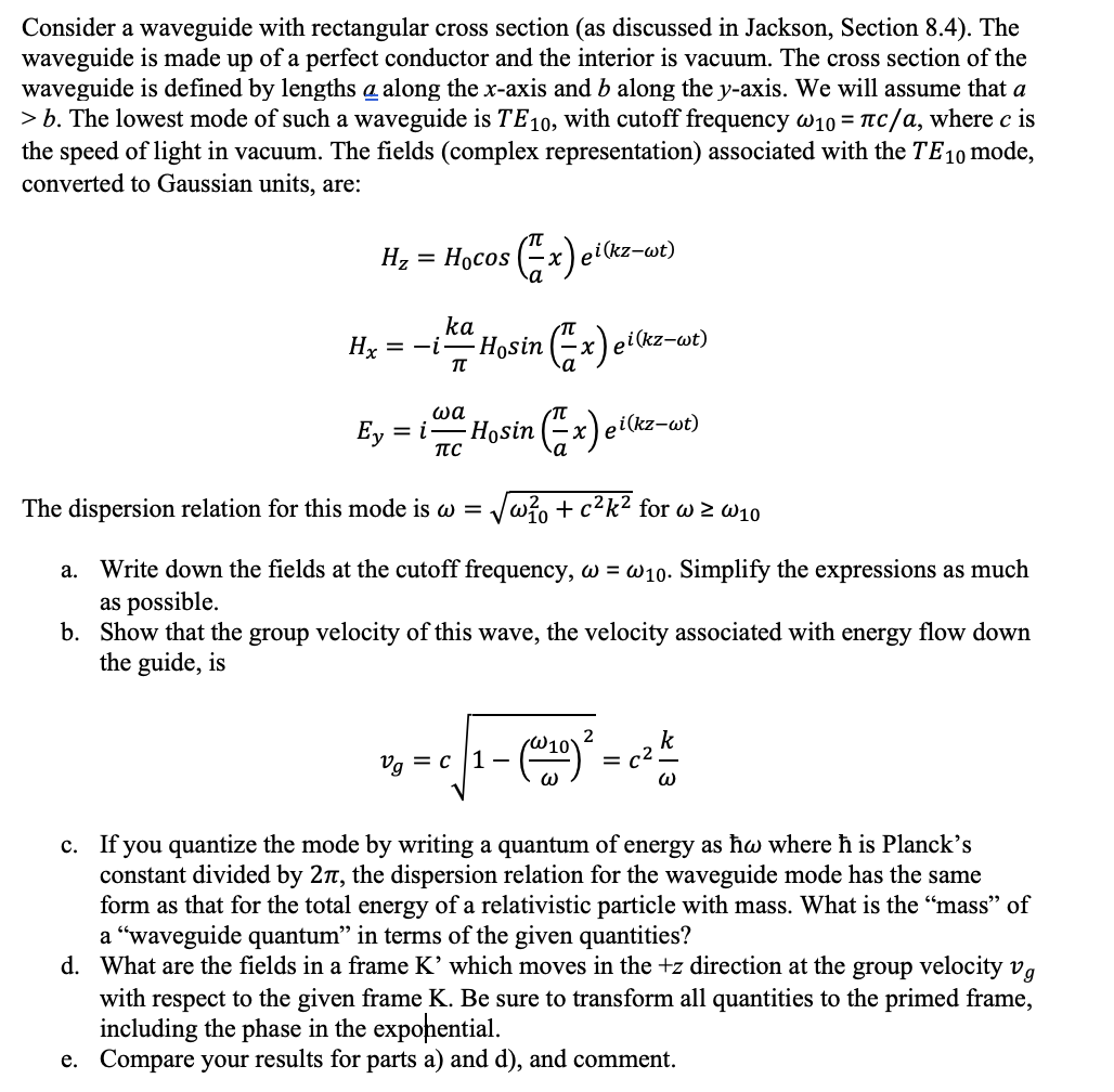 Consider a waveguide with rectangular cross section | Chegg.com