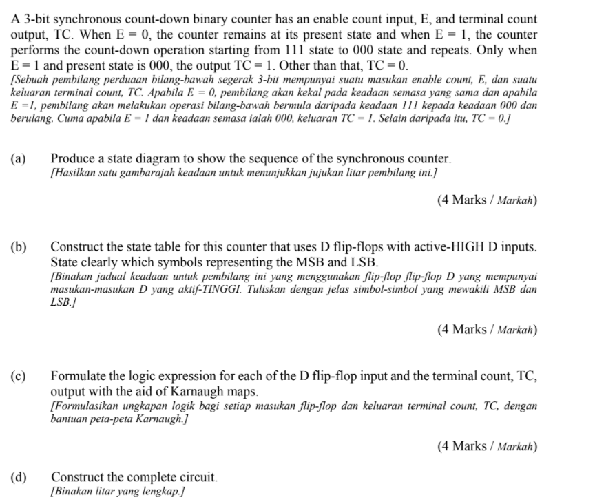Solved A 3-bit synchronous count-down binary counter has an | Chegg.com
