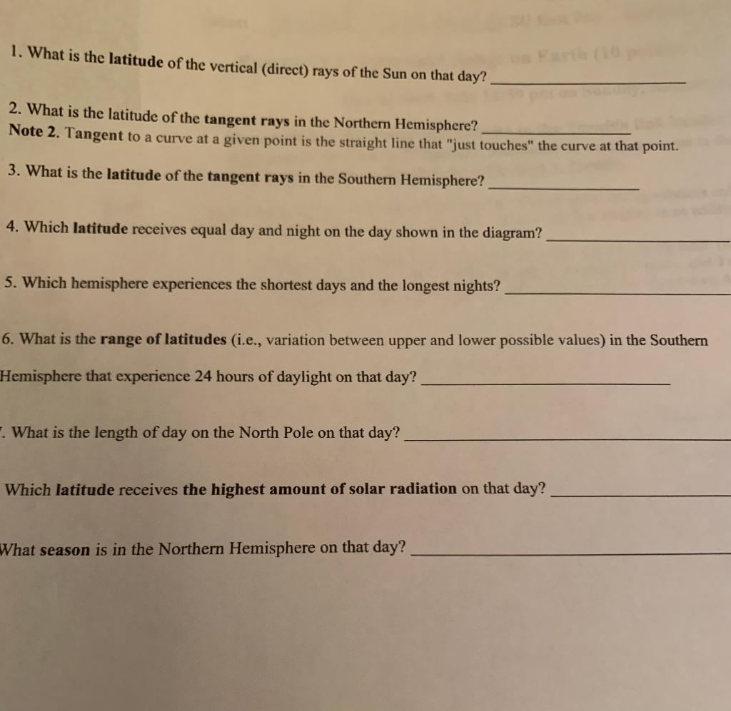 Solved N 6 Sun's Rays 2 3 S 5 1. What is the latitude of | Chegg.com