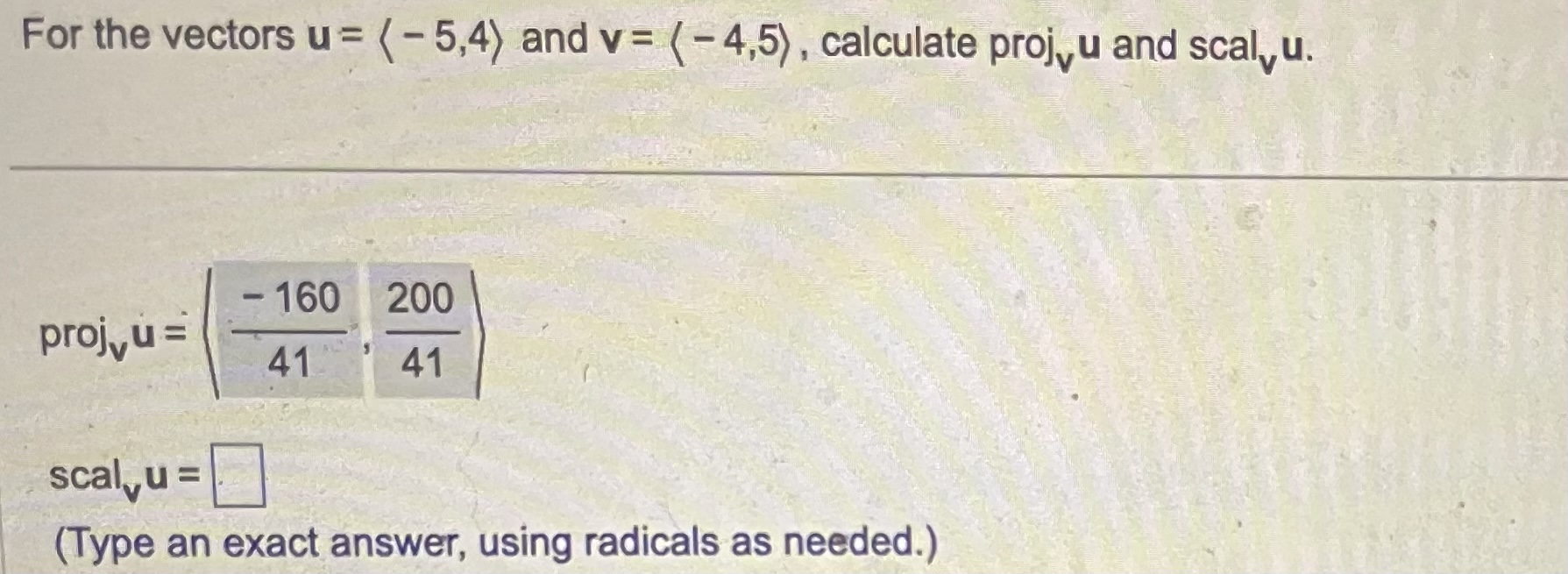 Solved For the vectors u=(:-5,4:) ﻿and v=(:-4,5:), | Chegg.com
