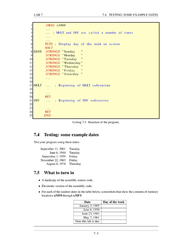 LAB 7 COMPUTE DAY OF THE WEEK 7.1 Problem Statement | Chegg.com