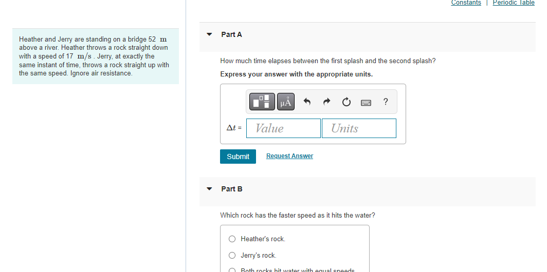 Solved Heather and Jerry are standing on a bridge 52 m Part | Chegg.com