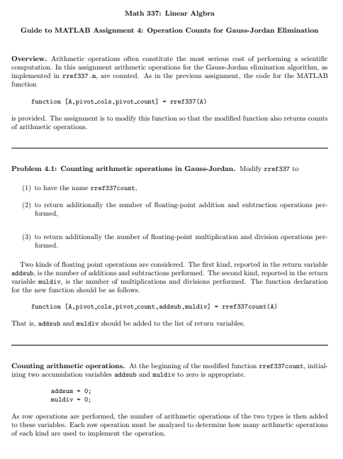 Math 337: Linear Algbra Guide to MATLAB Assignment 4: | Chegg.com