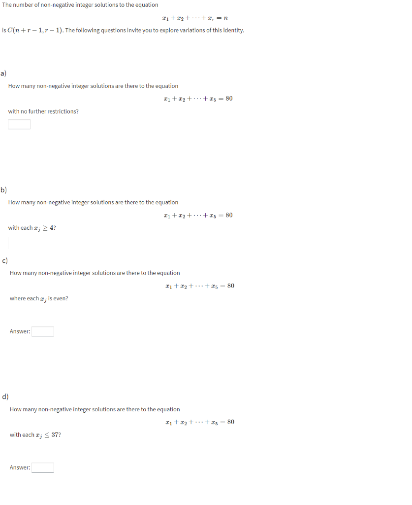 Solved The number of non-negative integer solutions to the | Chegg.com