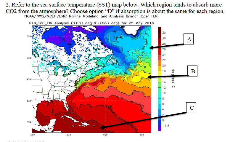 Solved 2. Refer to the sea surface temperature (SST) map | Chegg.com