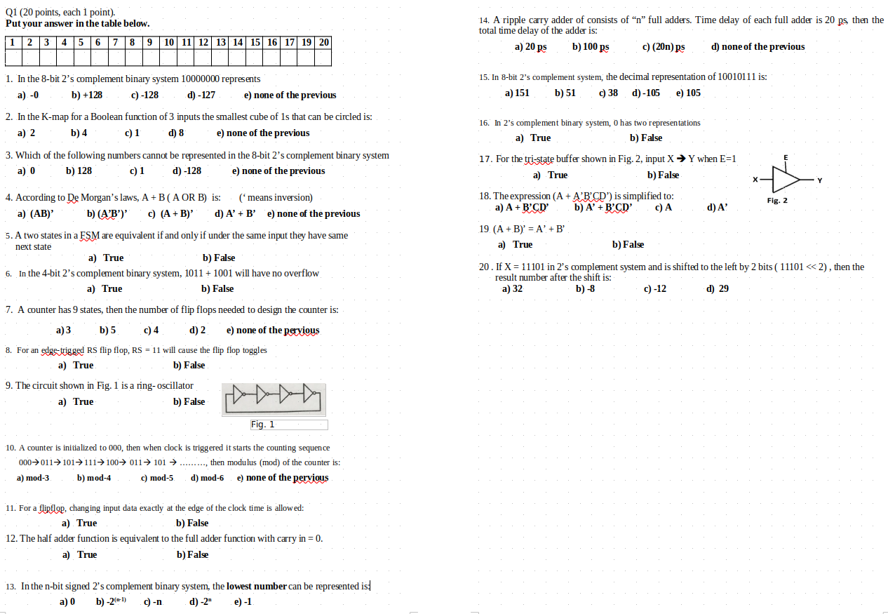 Solved Q1 (20 points, each 1 point). Put your answer in the | Chegg.com
