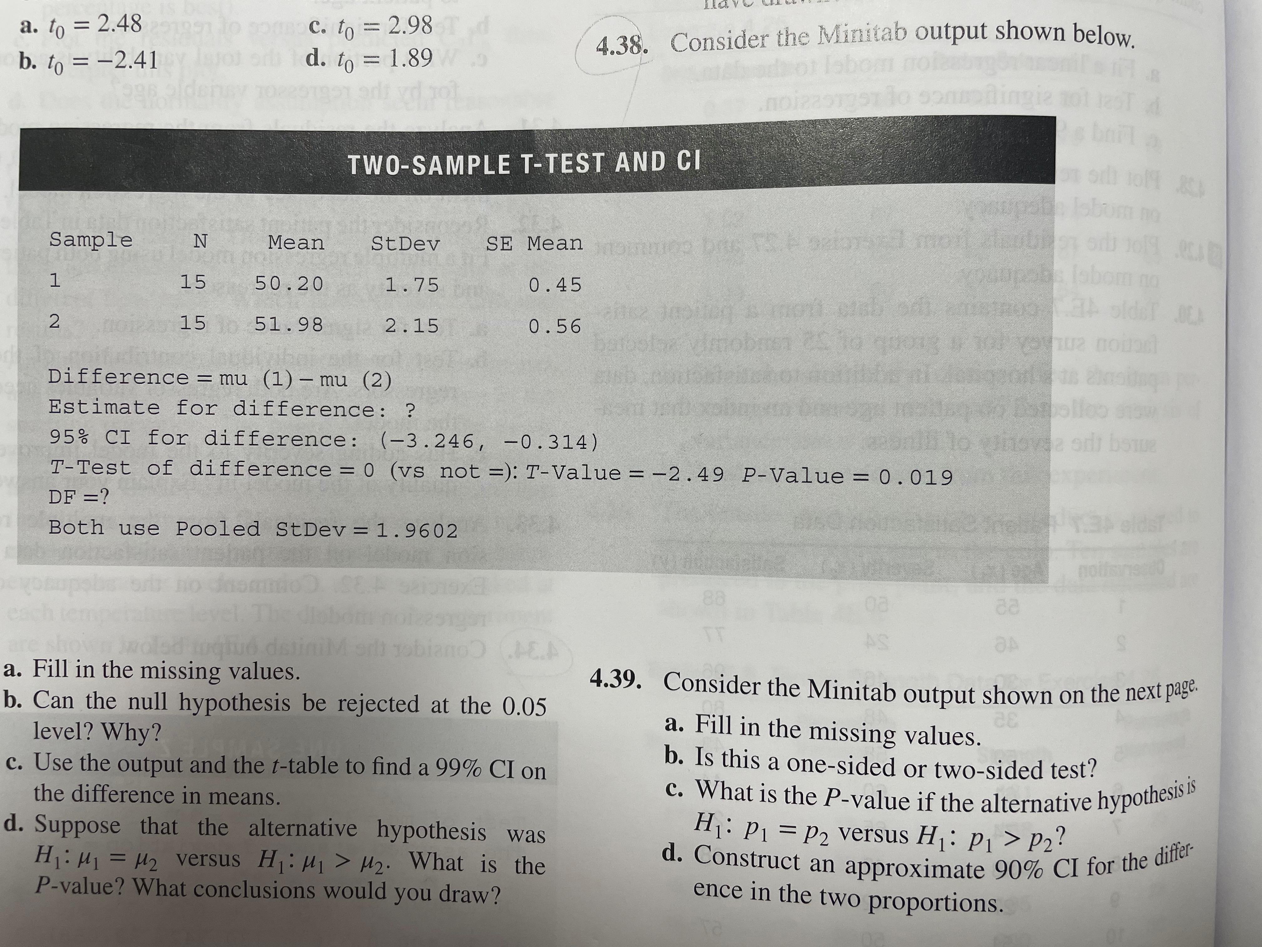 Solved a. t0=2.48 c. t0=2.98 b. t0=−2.41 d. t0=1.89 4.38. | Chegg.com