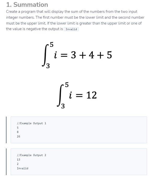 Solved 1. Summation Create a program that will display the | Chegg.com
