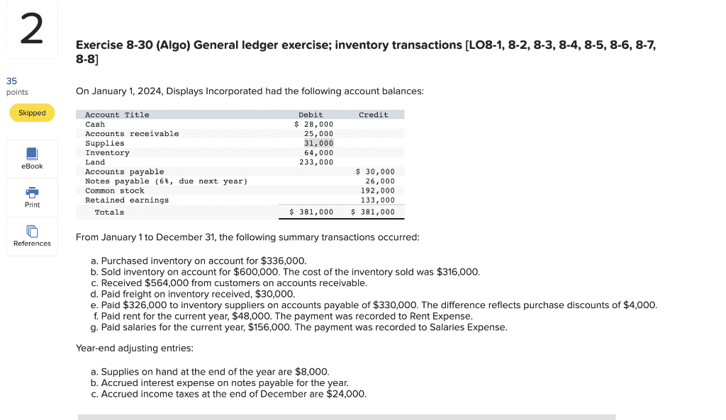 Exercise 8-30 (Algo) General ledger exercise; | Chegg.com