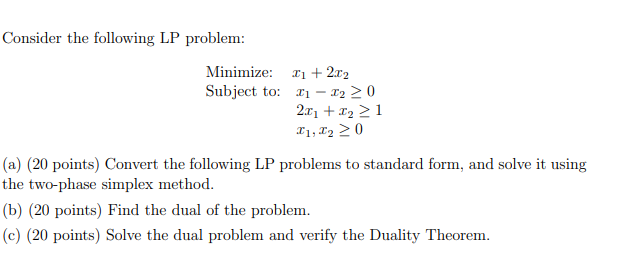 Solved Consider the following LP problem: ﻿Minimize: x1+2x2 | Chegg.com