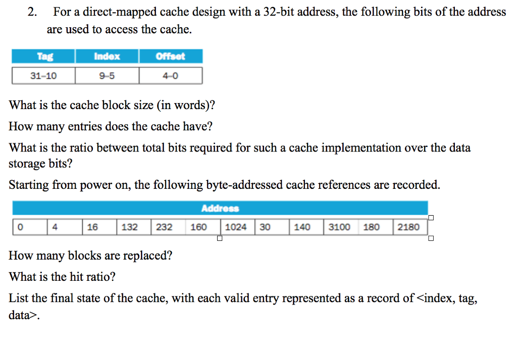 Solved 2. For a direct-mapped cache design with a 32-bit | Chegg.com