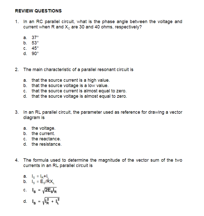 Solved REVIEW QUESTIONS 1. In an RC parallel circuit, what | Chegg.com