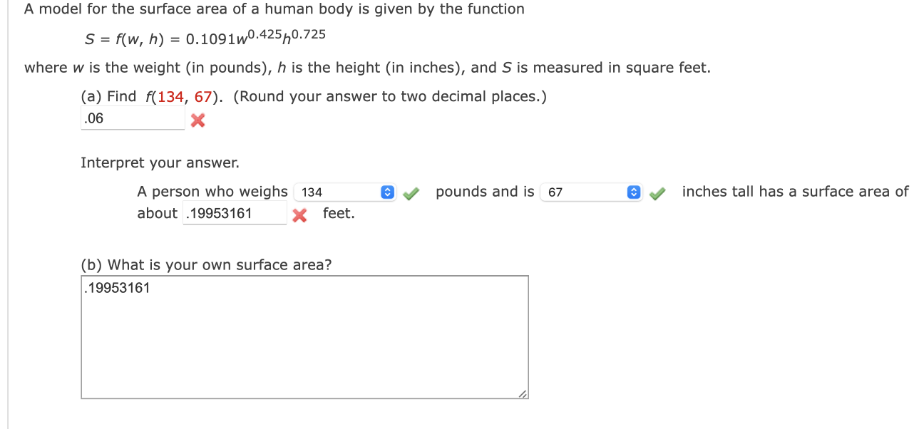 Solved model for the surface area of a human body is given | Chegg.com