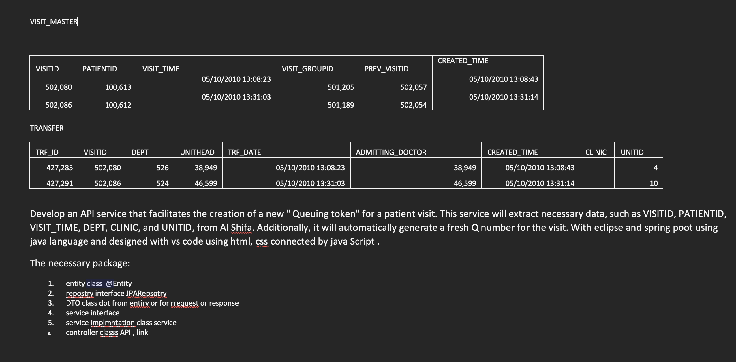 Solved VISIT_MASTER| TRANSFER Develop an API service that | Chegg.com