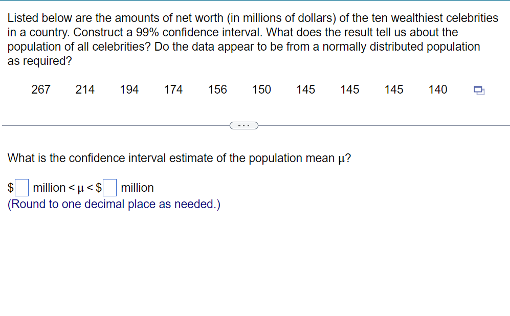 Solved Listed below are the amounts of net worth (in | Chegg.com
