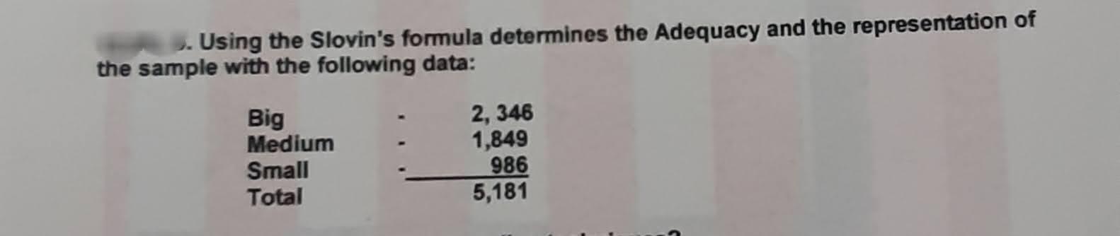 Solved 5. Using the Slovin's formula determines the Adequacy | Chegg.com
