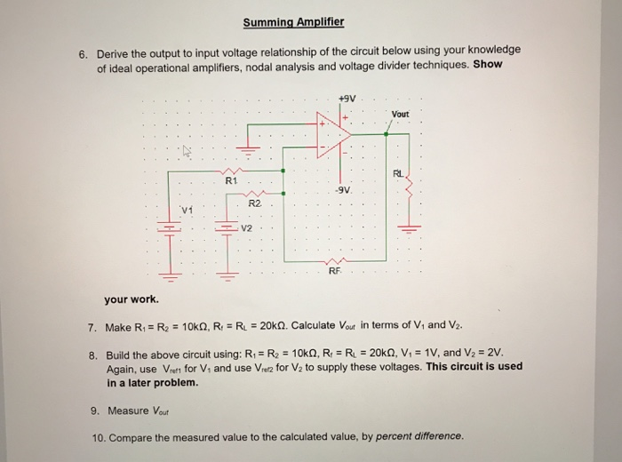 Solved Summing Amplifier Derive the output to input voltage | Chegg.com