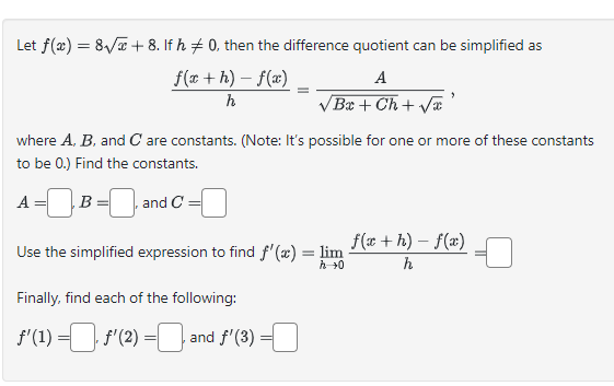 Solved Let f(x)=8x2+8. ﻿If h≠0, ﻿then the difference | Chegg.com