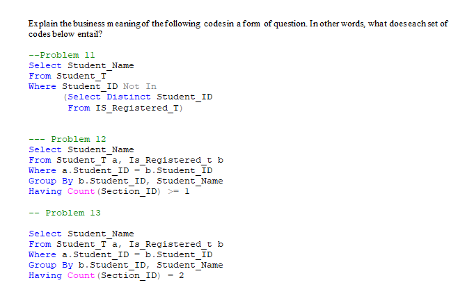 Solved Explain the business meaning of the following codes | Chegg.com