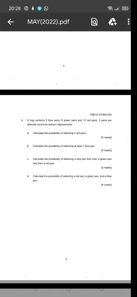 Solved 4. A bag contains 5 blue pens, B green pens and 12 | Chegg.com